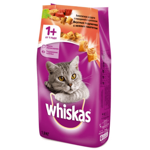 Сухой корм Whiskas с говядиной и кроликом Вкусные подушечки для кошек 1 ...